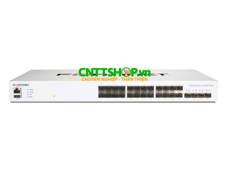 FortiSwitch FS-424E-FIBER 24x GE SFP and 4x 10GE SFP+ ports.